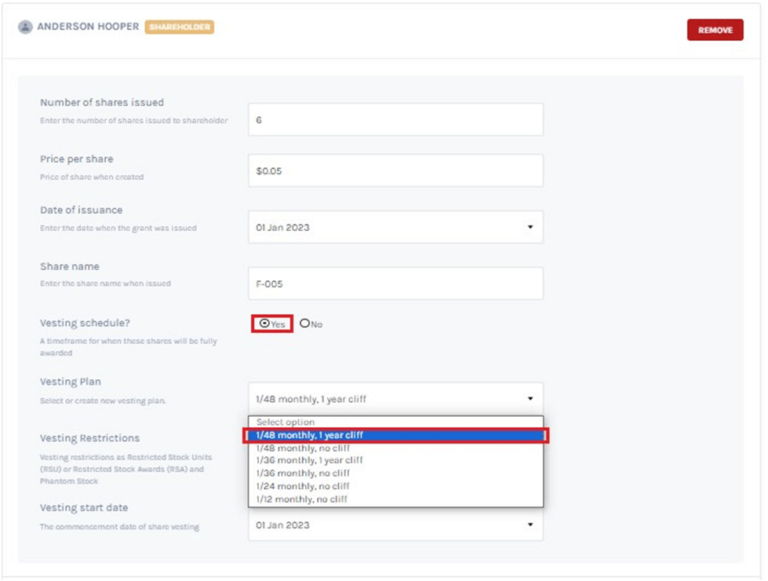 What is Vesting Plan For 1/48 Monthly, 1-Year Cliff? | Eqvista